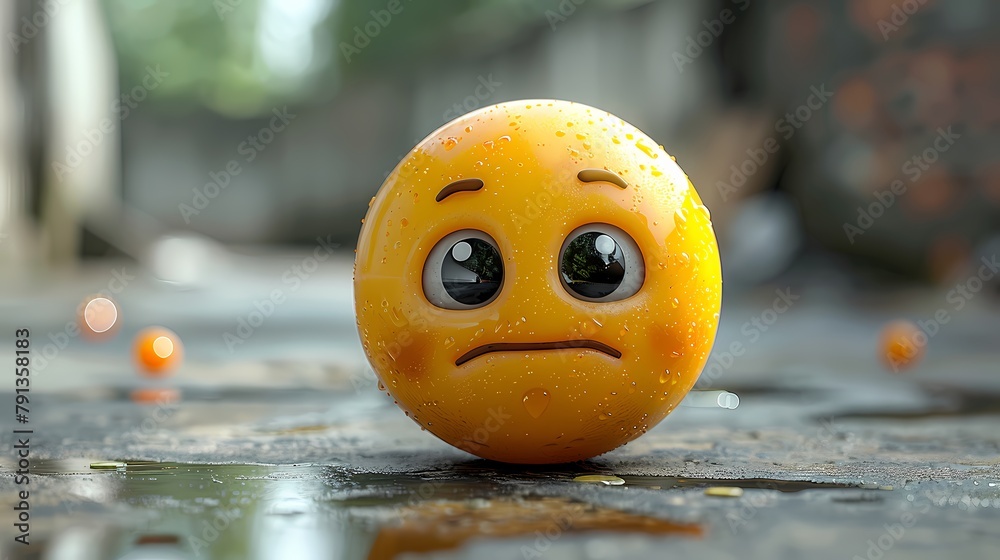 A 3D cute single emoji sticker of a sad face, positioned on a solid ...