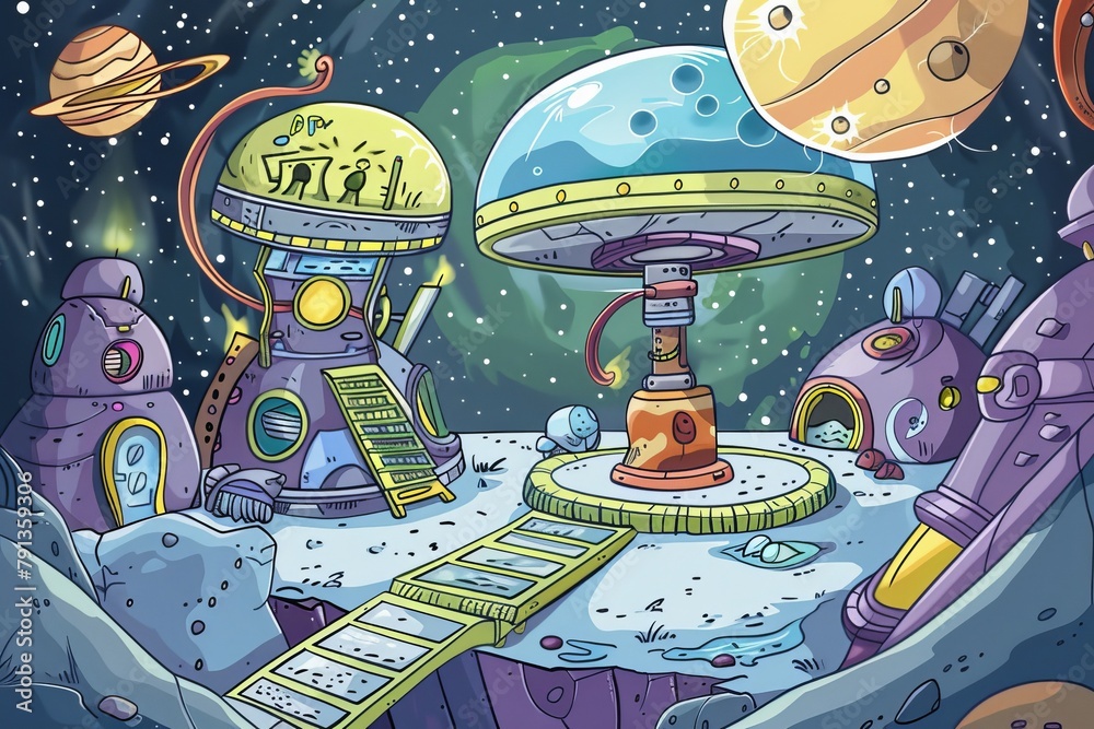Cartoon cute doodles of a space station playground where kids can ...