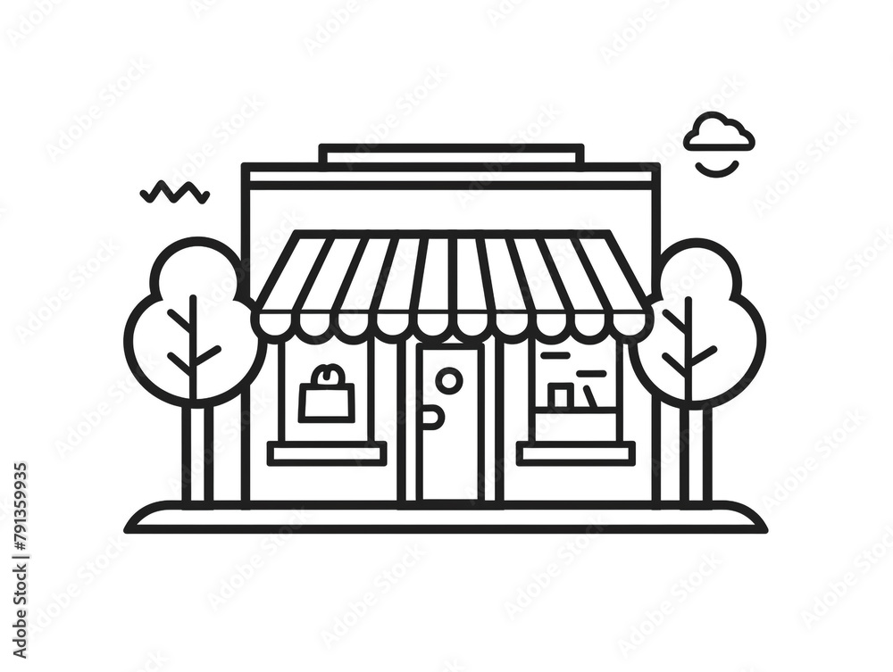 Outline icon of small storefront facade. Black line on white background ...