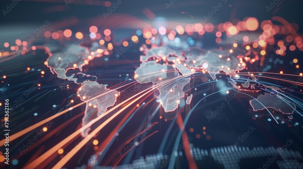 A defocused backdrop of a world map with abstract light trails ...