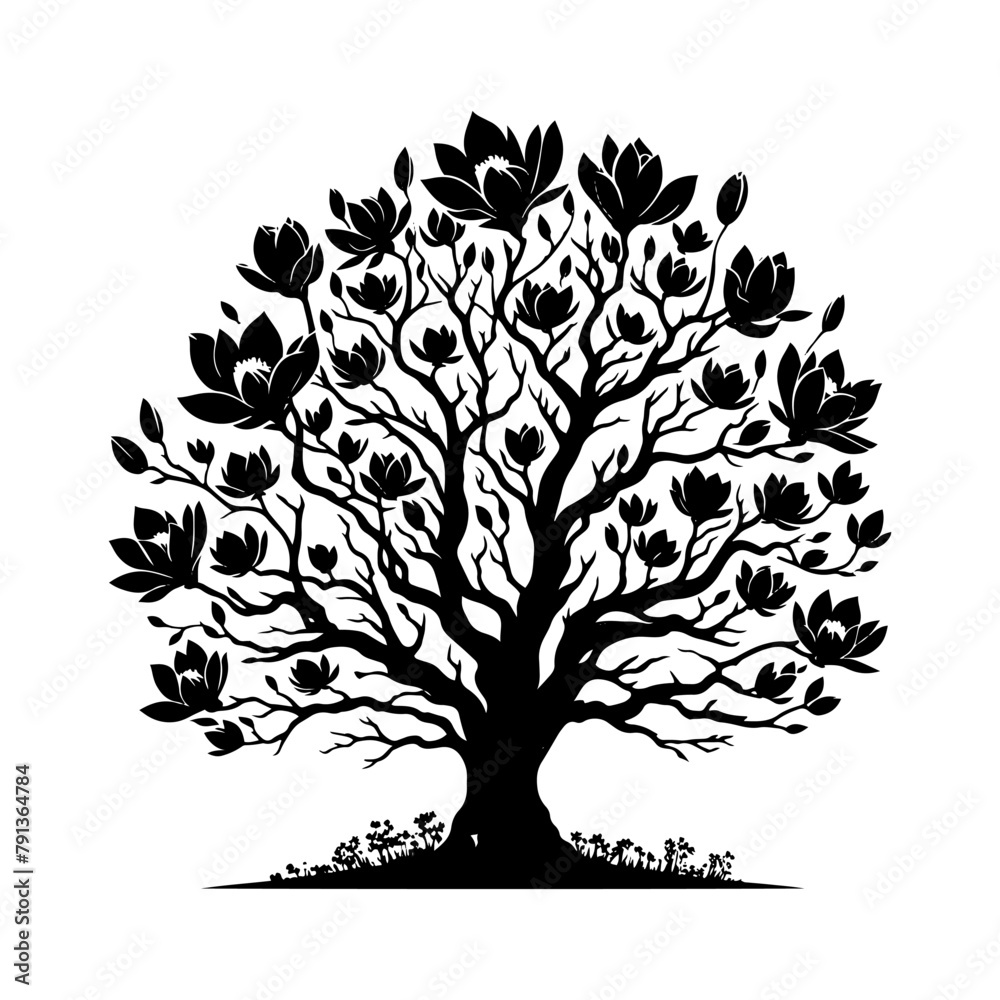 Black Vector Magnolia Tree Silhouette, Nature's Elegance Flourishing ...
