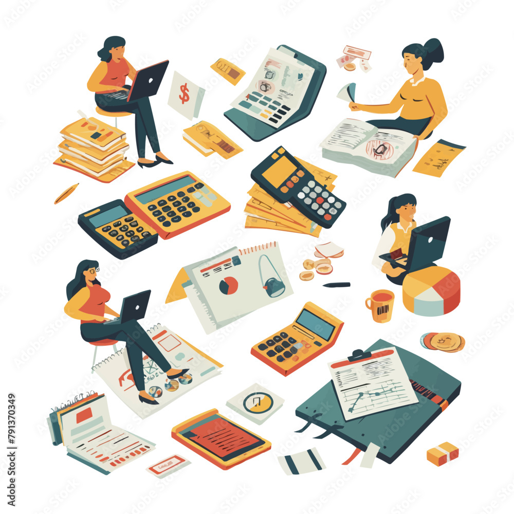 Budget bookkeeping illustration set. People doing paperwork. Characters ...