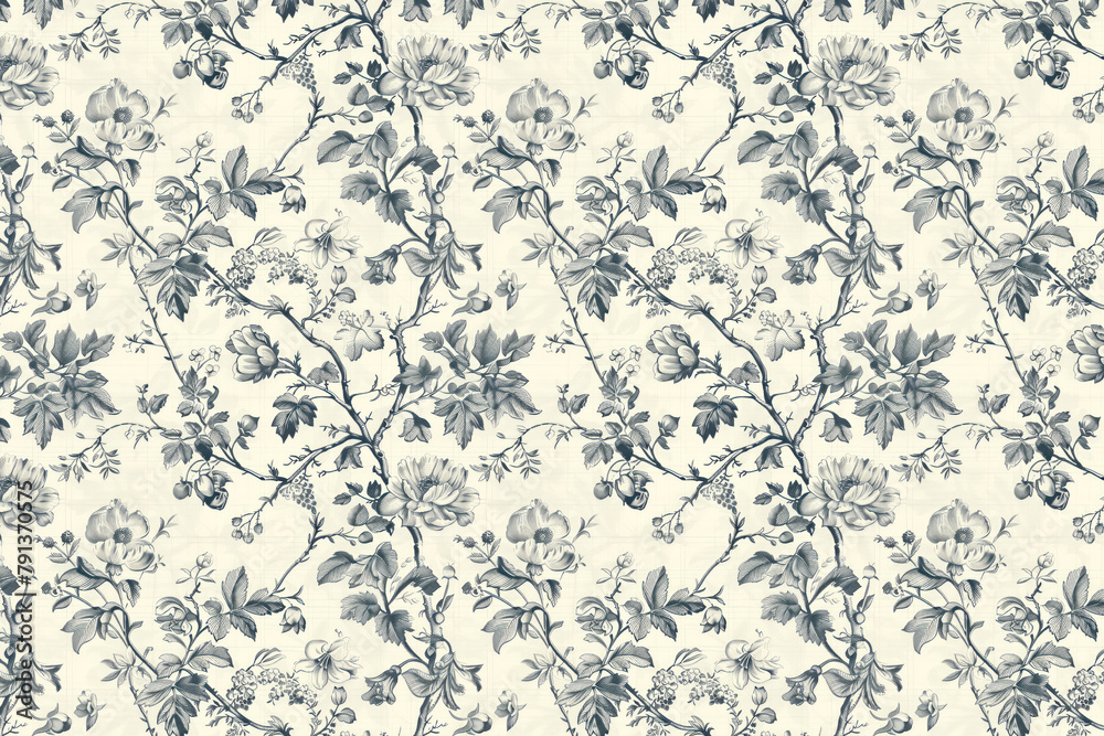 Toile floral pattern tapestry. Vintage botanical wallpaper pattern ...