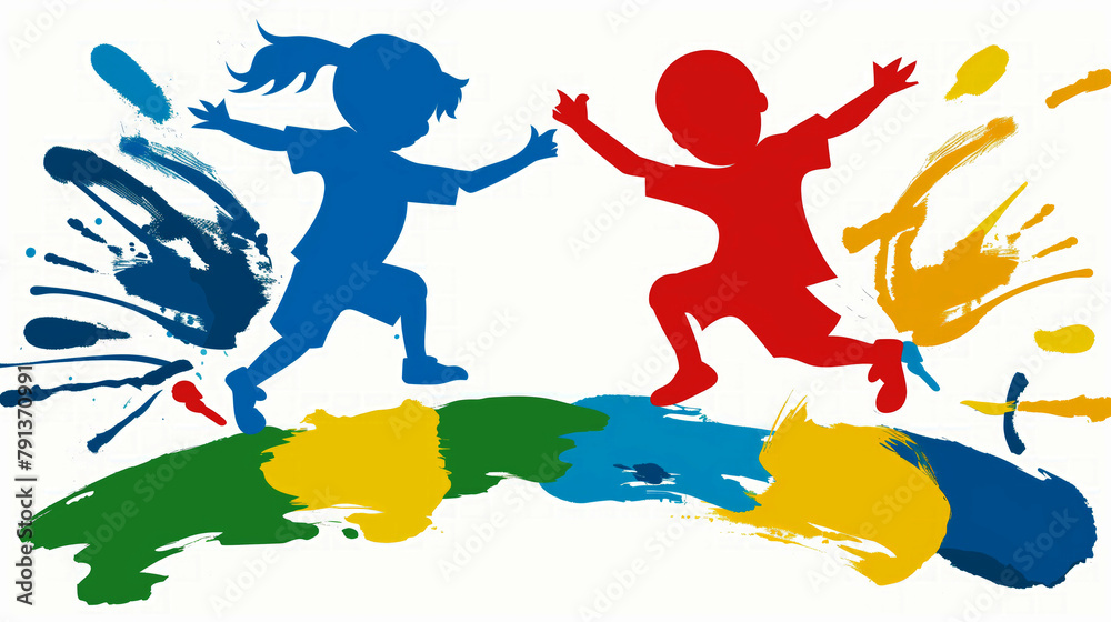 A colorful painting of two children playing with each other. The ...