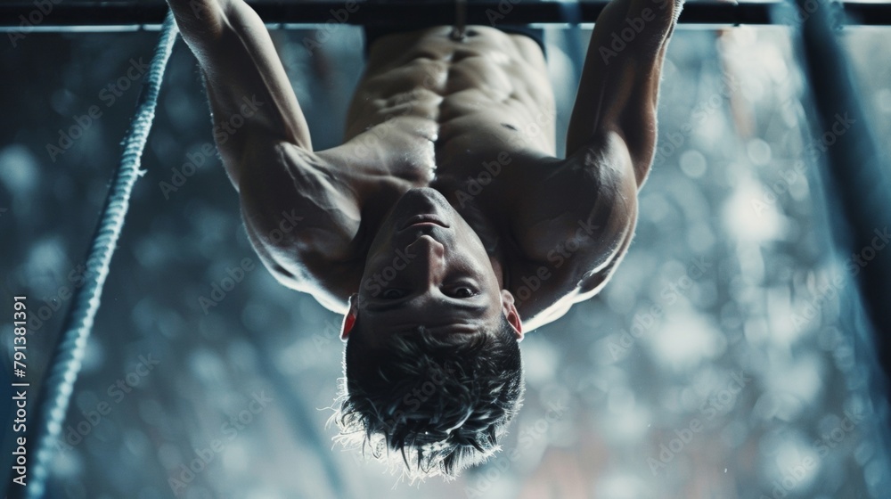 The rippling muscles of a male gymnast as they powerfully flip and ...