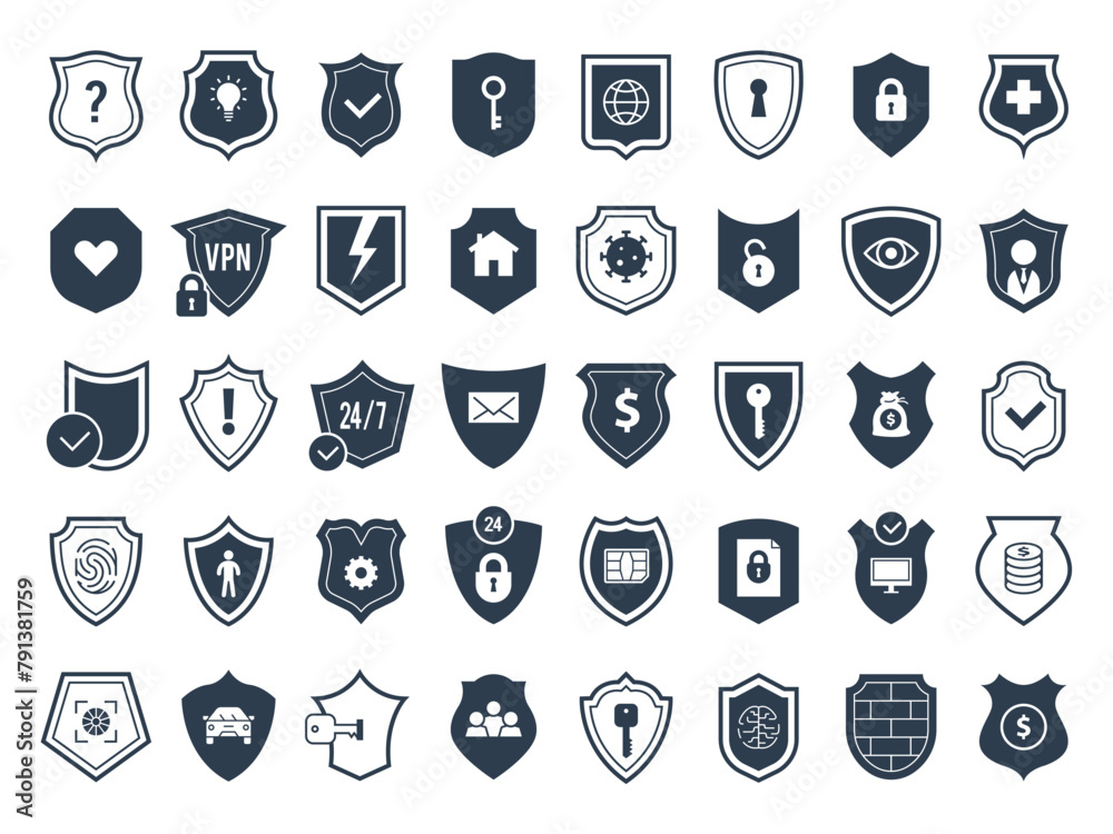 Security symbols. Keys with shield icons for protection systems recent ...