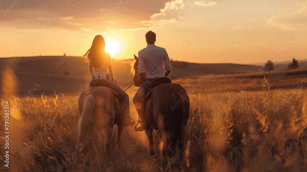 couple enjoying a leisurely horseback ride together, exemplifying the ...