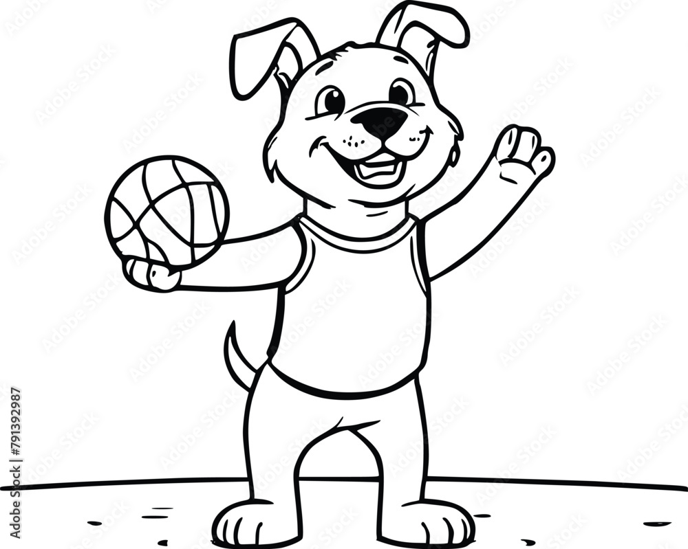 Cute Dog Shooting Basketball outline doodle cartoon illustration. Bold ...