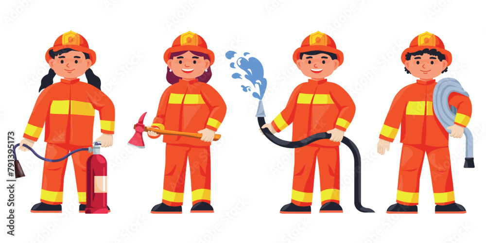 Kids firefighters. Children firemen cartoon cute characters, child ...