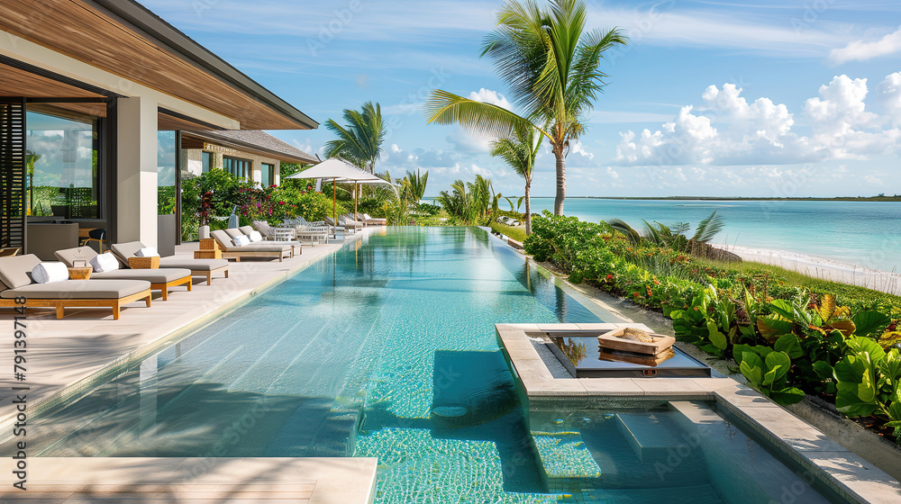 luxury resort oasis, with infinity pools overlooking crystal-clear ...