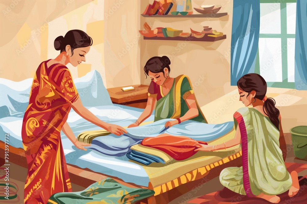 Traditional Indian family morning routine with women in colorful saris ...