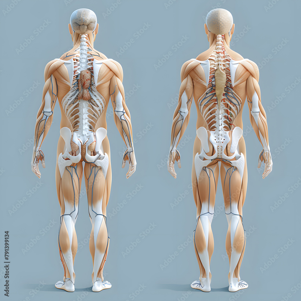 Anatomy of human skeleton and muscles isolated on white background ...