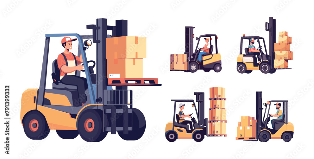Forklift worker cartoon vector illustrations. Warehouse logistic ...