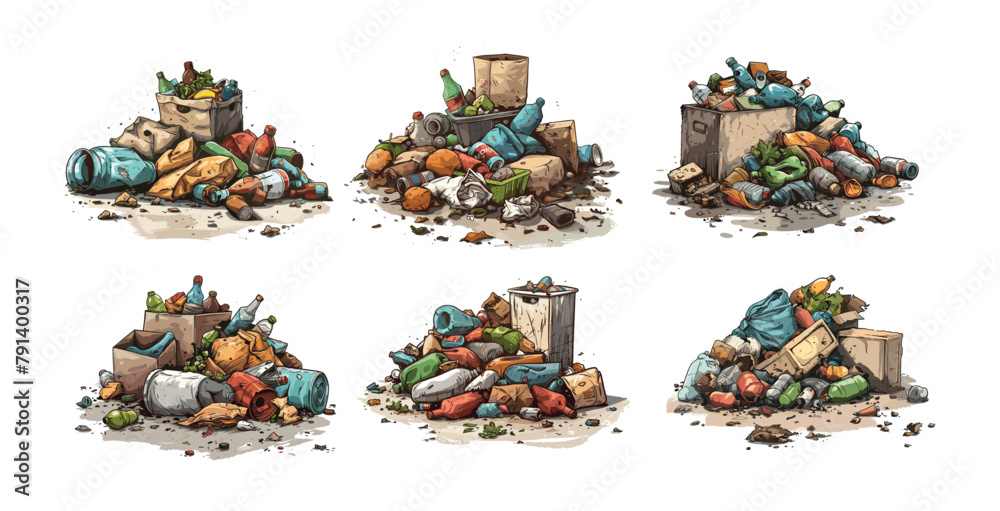 Garbage pile cartoon vector set. Food industrial plastic waste decay ...