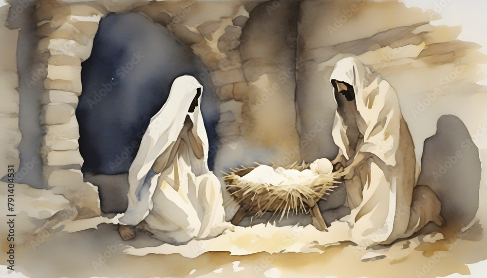 Watercolor painting of the Birth of Jesus Christ at Bethlehem. Stock ...