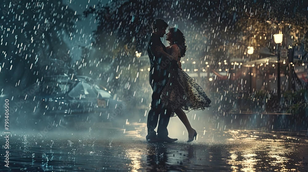 A young couple dancing in the rain, their faces upturned to the sky ...