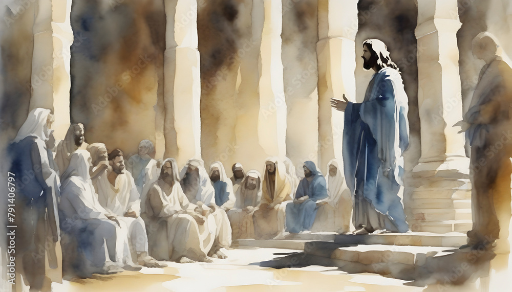 Watercolor painting of Jesus Christ visiting the Temple at Jerusalem ...