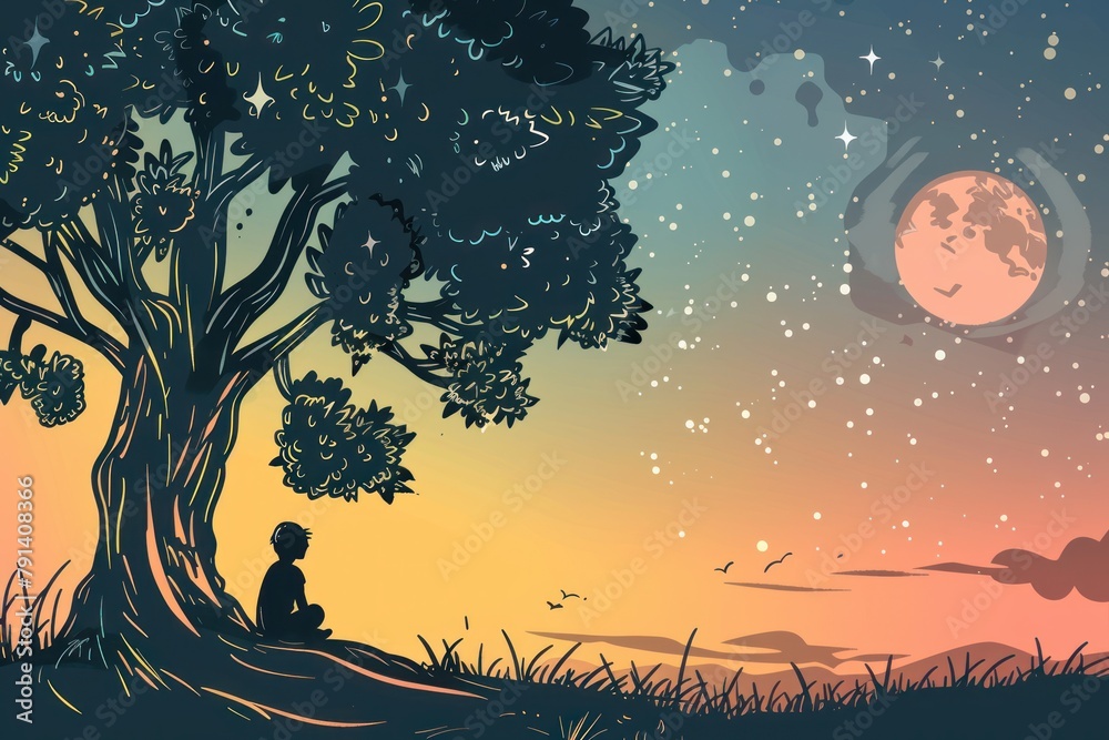 Cartoon cute doodles of a quiet moment of reflection, like sitting ...