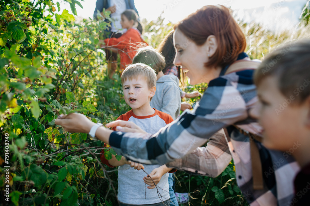Young students learning about nature, forest ecosystem during biology ...