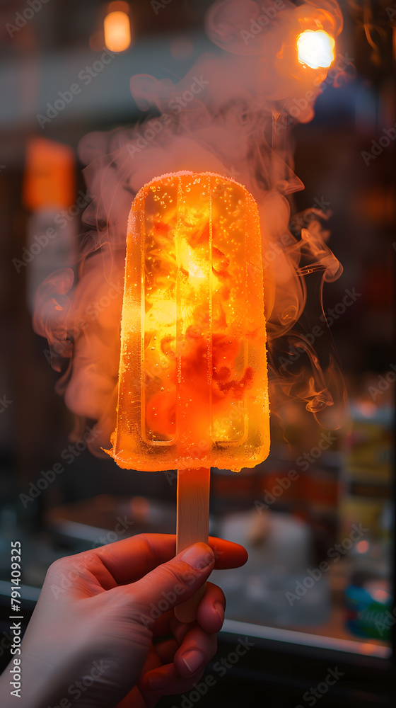 FIre popsicle, a hand holding a heated lava popsicle, surreal ice cream ...