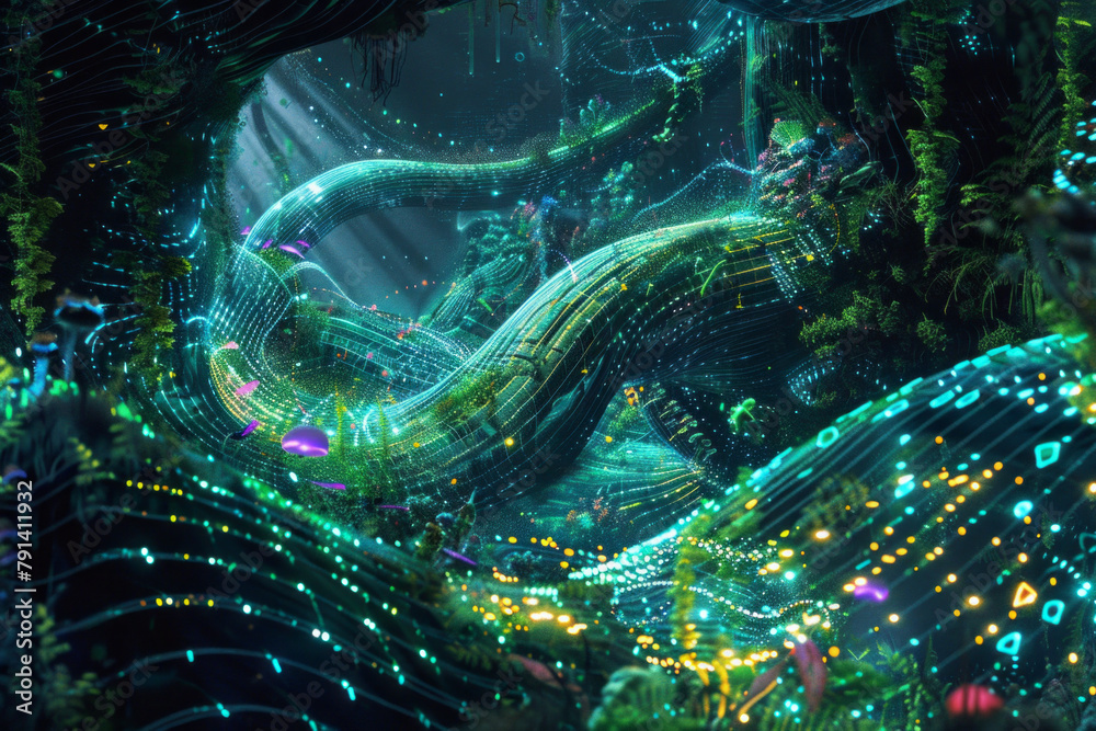 A vibrant ecosystem where organisms and digital entities coexist in ...