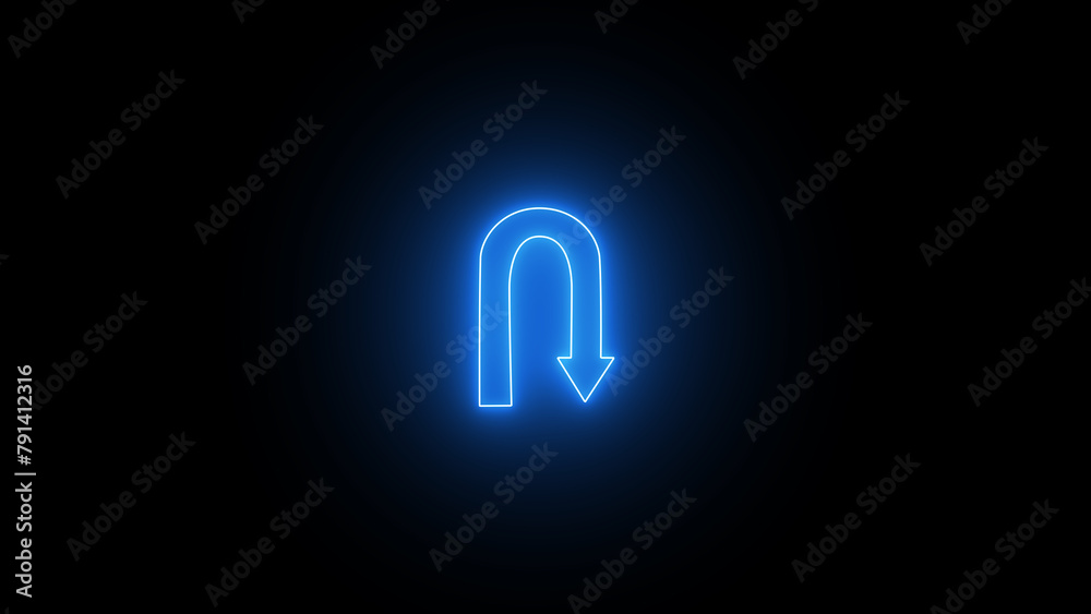 Neon glowing U turn road sign icon on the black background. U turn ...
