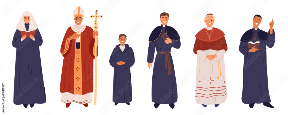 Cartoon catholic church characters. Religion clergy. Ecclesiastics in ...