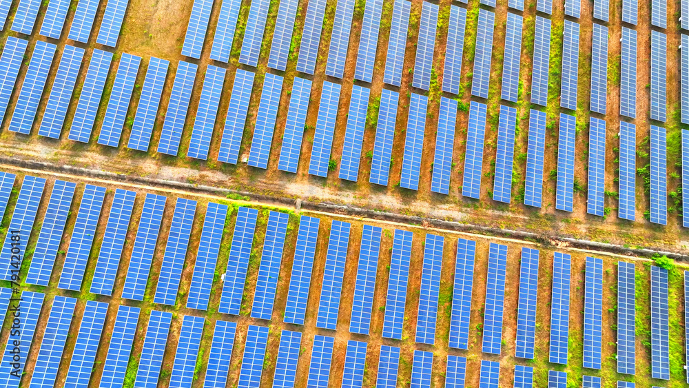 Solar farm spans a field, panels in precise rows optimized for solar ...