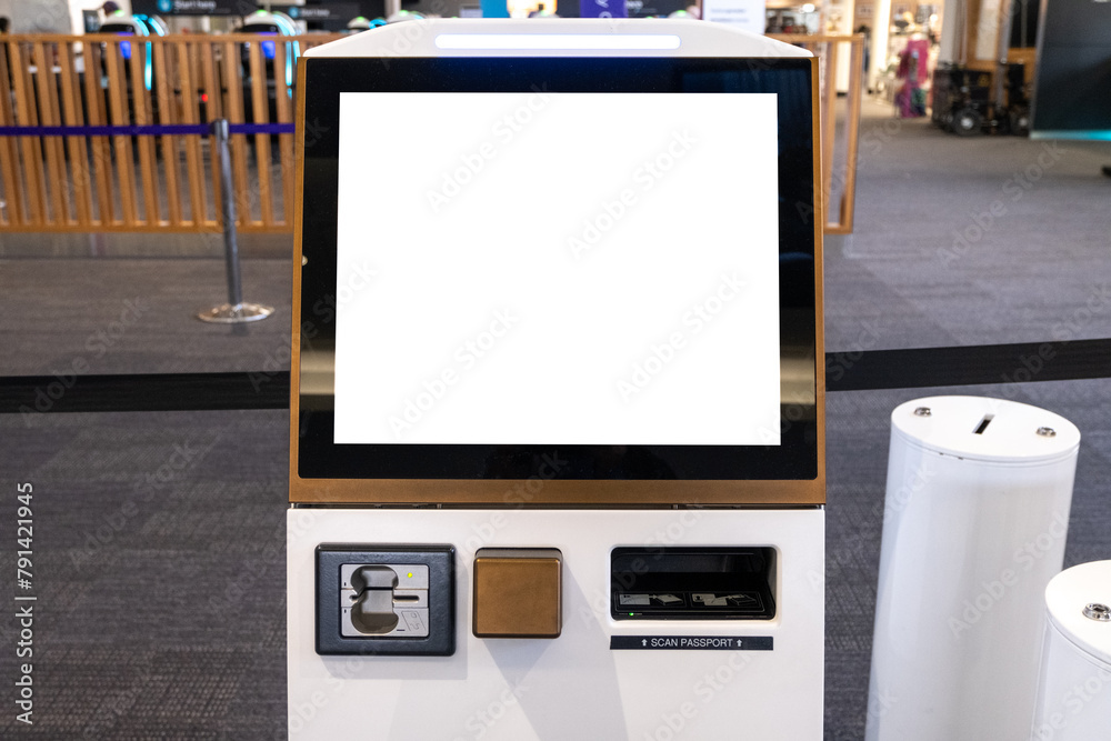 An empty blank white mockup template of a self-check-in kiosk at the ...