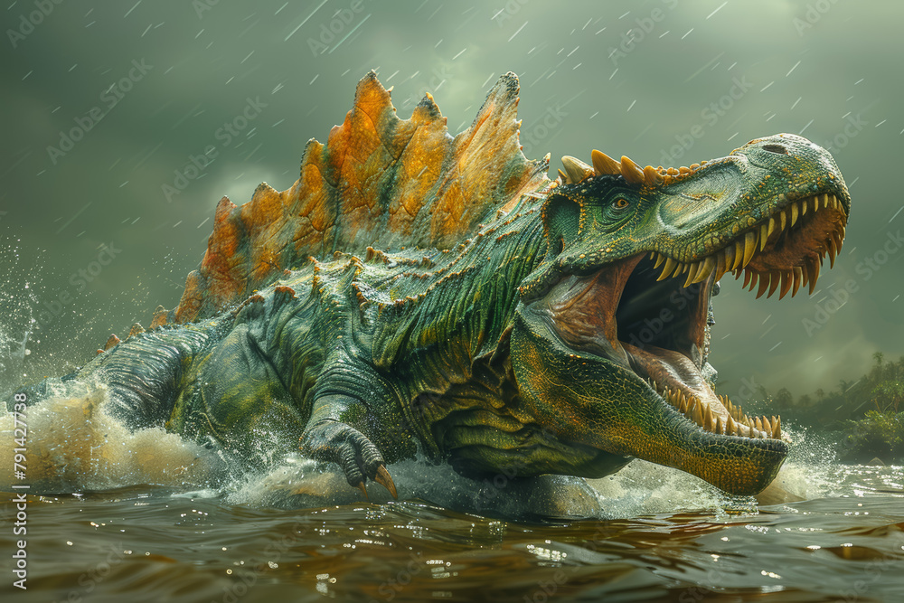 A fearsome Spinosaurus, with its sail-like dorsal fin and crocodile ...