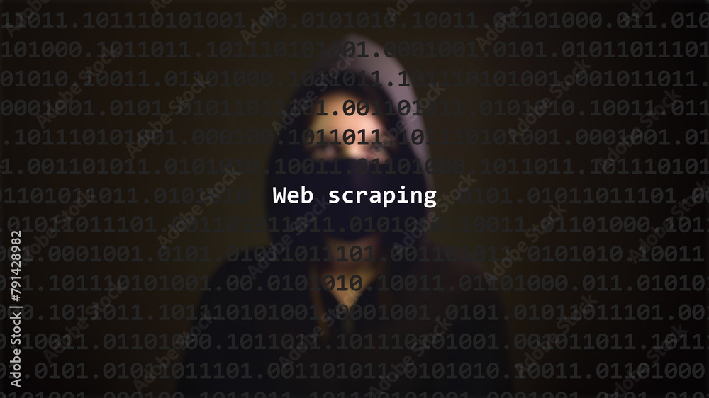 Cyber Attack Web Scraping Text In Foreground Screen Anonymous Hacker Hidden With Hoodie In The