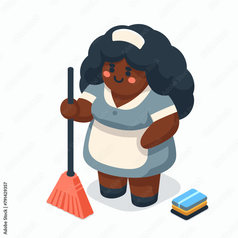 Housekeeping Janitor black woman Isometric Minimal Cute Character ...
