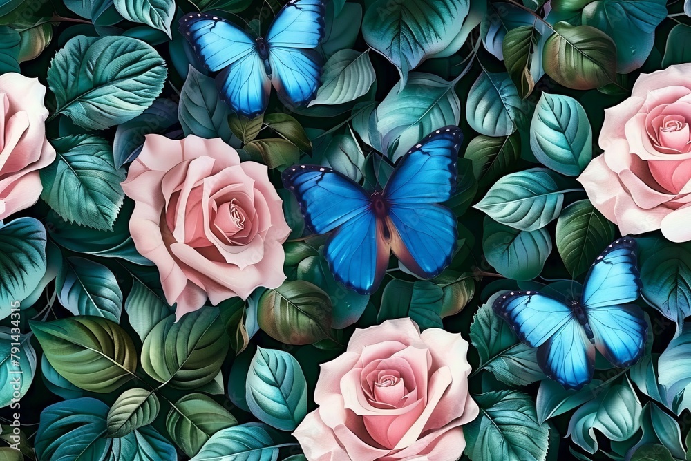 Blue butterflies, ivy pink rose flowers, tropical green leaves ...