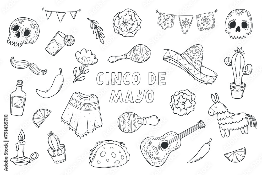 Cinco de Mayo monochrome doodles collection, clip art set, cartoon ...