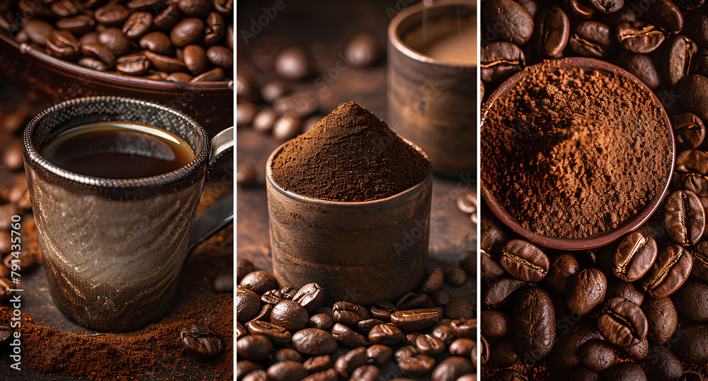 Collage of aromatic coffee beverage with roasted beans and powder Stock ...