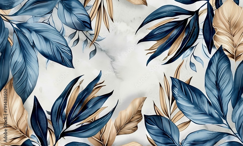 Blue vintage tropical leaves in seamless border design. Premium ... Blue vintage tropical leaves in seamless border design. Premium ...