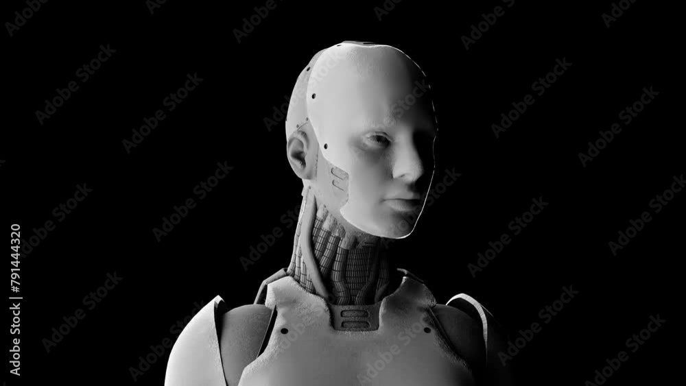 humanoid robot prototype cyborg turning face head to the side on black ...
