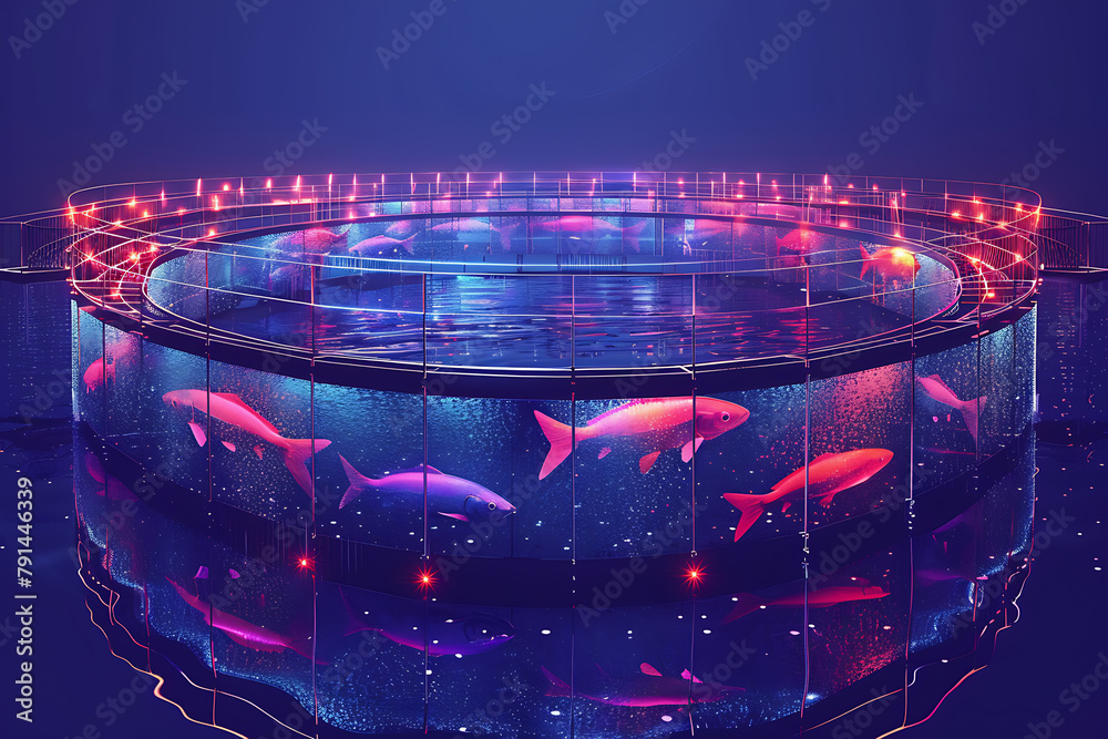 A bustling fish farm with rows of tanks teeming with aquatic life ...