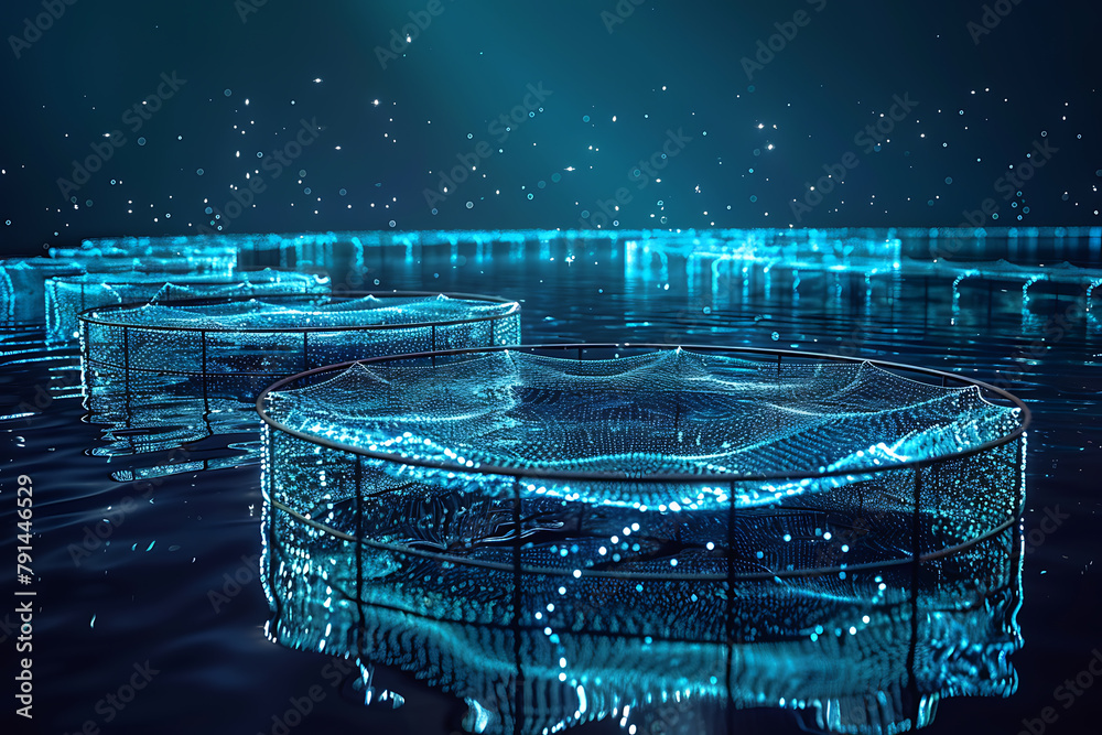 A bustling fish farm with rows of tanks teeming with aquatic life ...