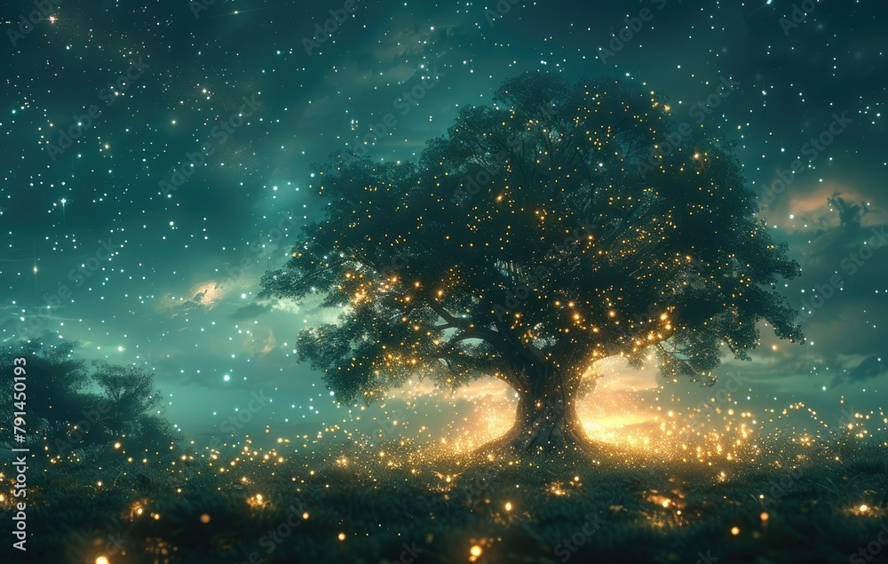 The dreamy giant wisdom tree with fireflies, the big tree at night ...