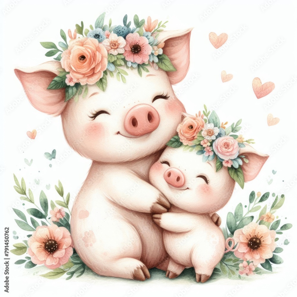 Pig Mom and Son , Watercolor Mother's Day Clip Art, Greeting Art Cute ...