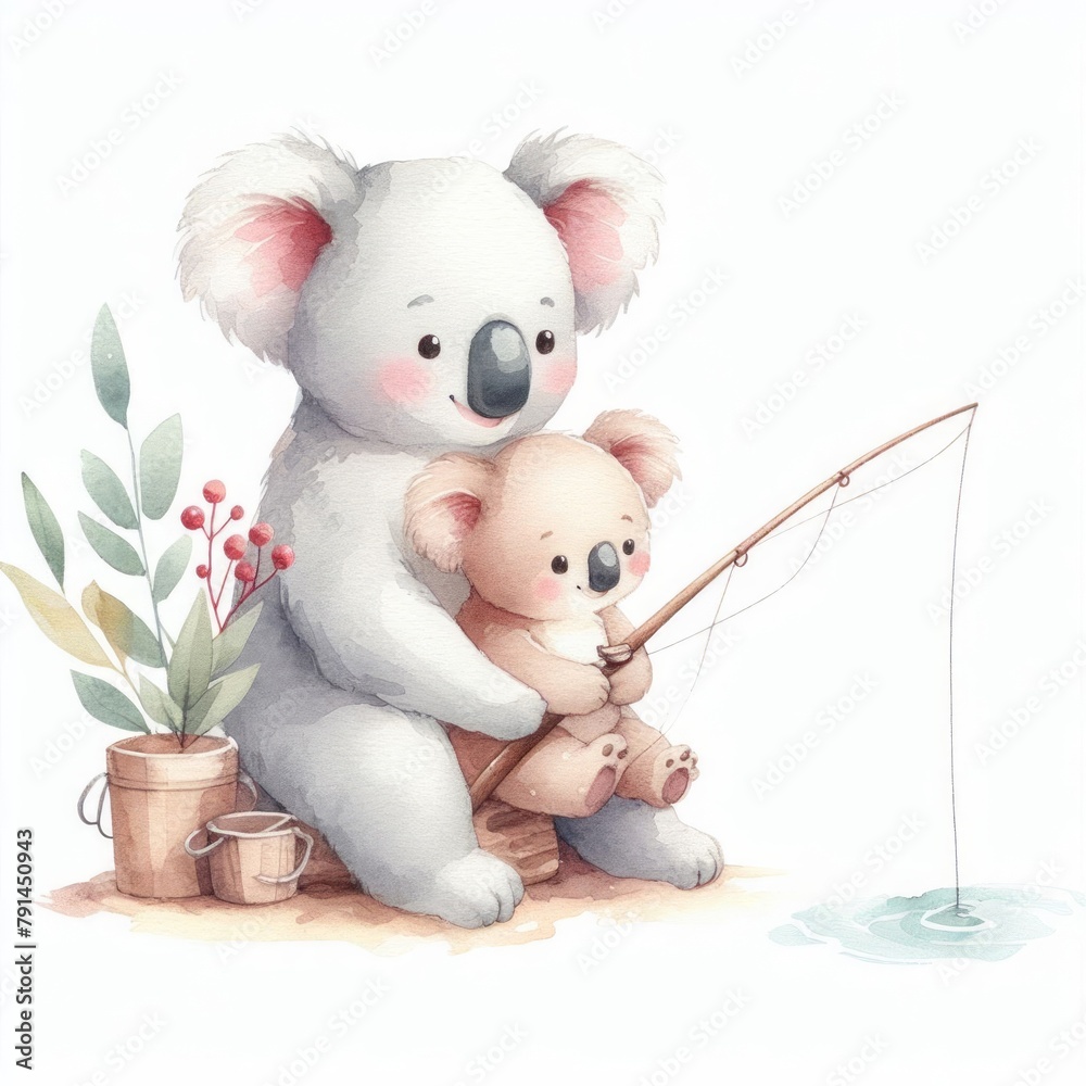 Koala Mom and Baby fishing, Watercolor Mother's Day Clip Art, Greeting ...