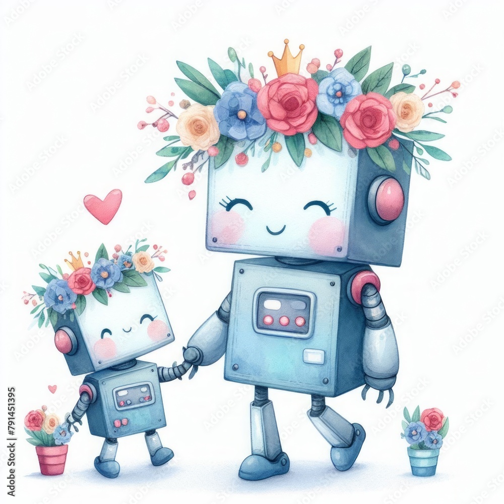 Robot Mom and Baby ,Watercolor Mother's Day Clip Art, Greeting Art Cute ...