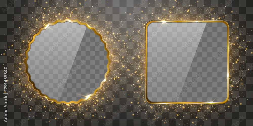 Vector golden frame around glitter particles. Golden frame with ...