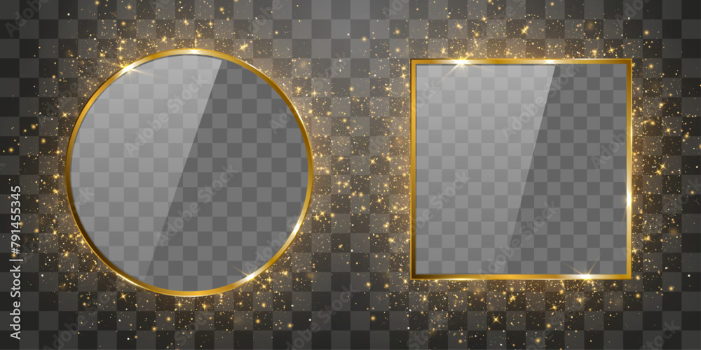 Vector golden frame around glitter particles. Golden frame with ...