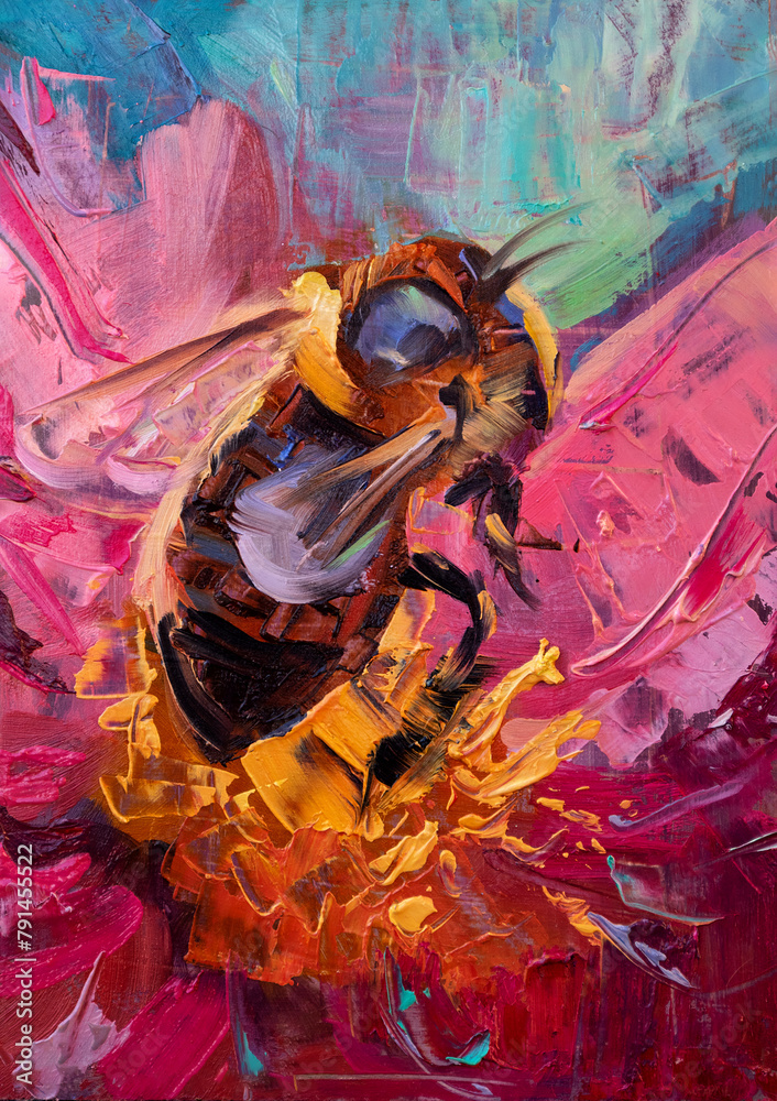 Realismo su astratto. Dipinto originale ad olio su tela di un'ape che ...