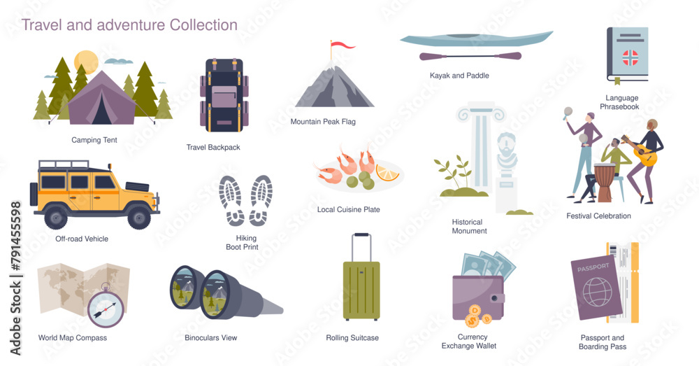 Travel and adventure elements for holiday trips tiny person collection ...