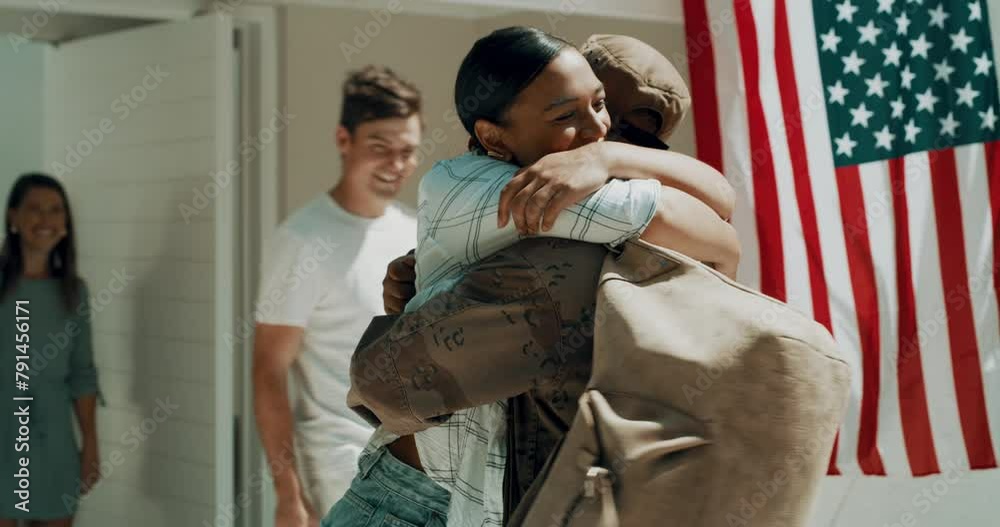 Family, soldier and hug for love and homecoming, veteran and embracing ...