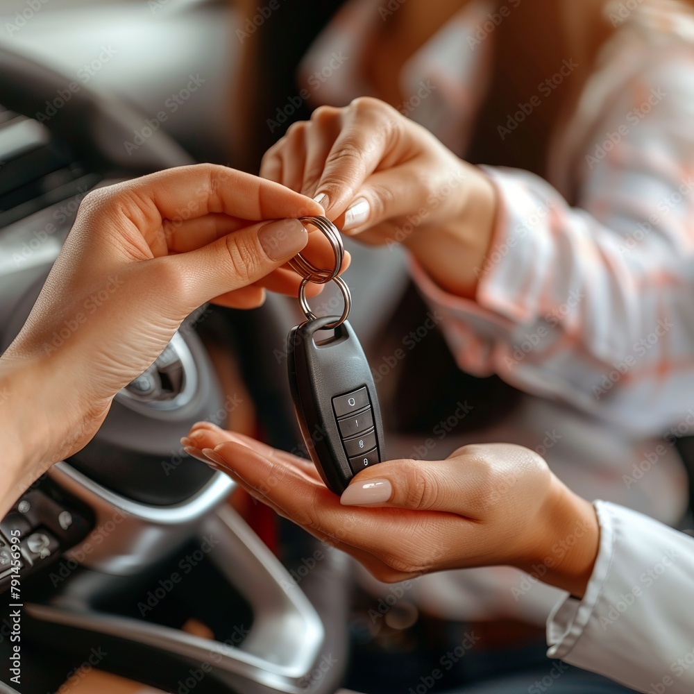 A beautiful female car sales employee gives the keys to the customer ...