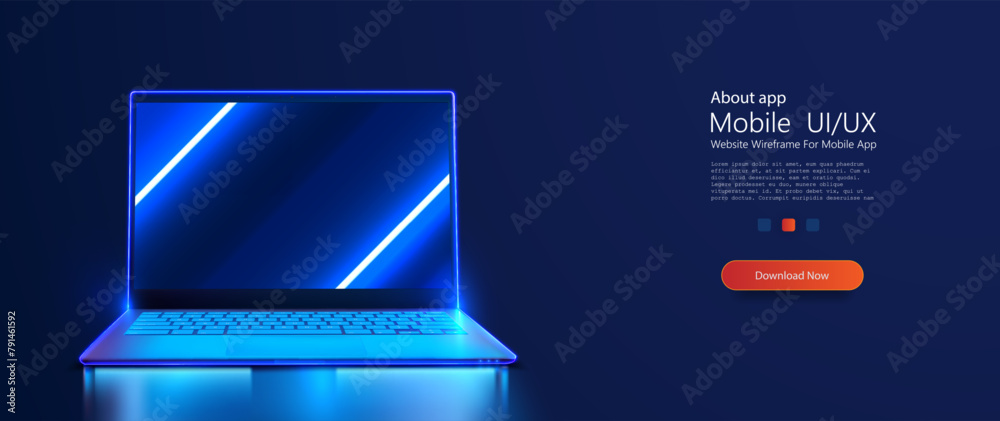 Futuristic mockup Laptop with Neon Blue Glowing Lines on Dark ...